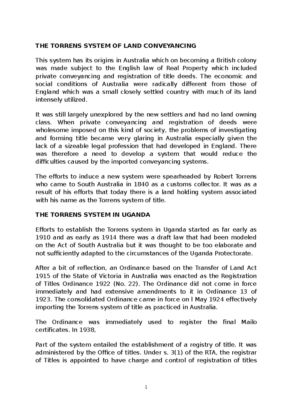 Torrens System of Land Conveyancing: A Study in Uganda's Legal Context ...