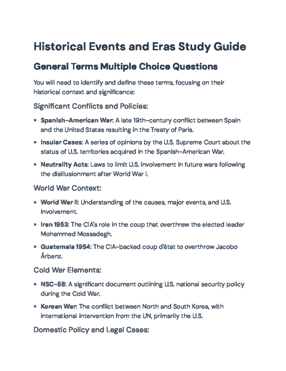 U.S. History Exam Study Guide: Key Events, Policies & Concepts ...