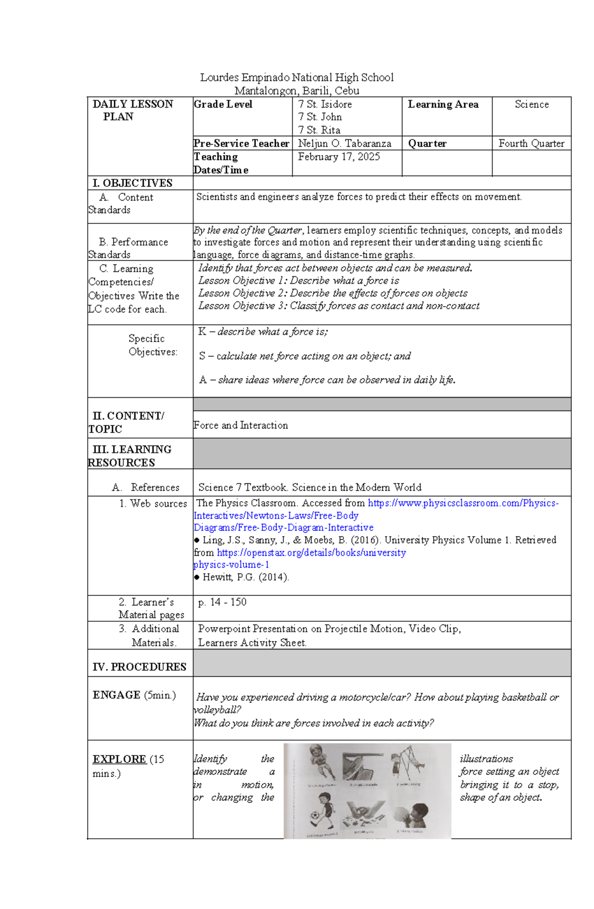 Lesson Plan: Forces and Interaction for Grade 7 Science (Quarter 4 ...