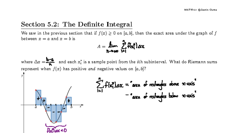 MATH151 c Justin Cantu Section 5.2: Understanding the Definite Integral ...