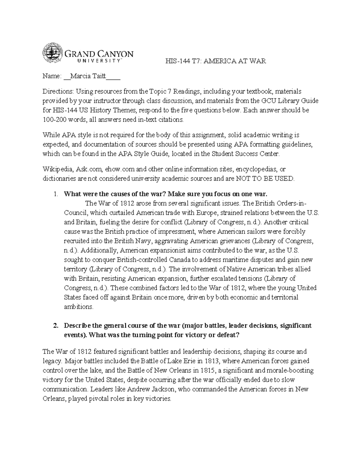 HIS-144-T7: Worksheet on the War of 1812 Analysis and Outcomes - Studocu