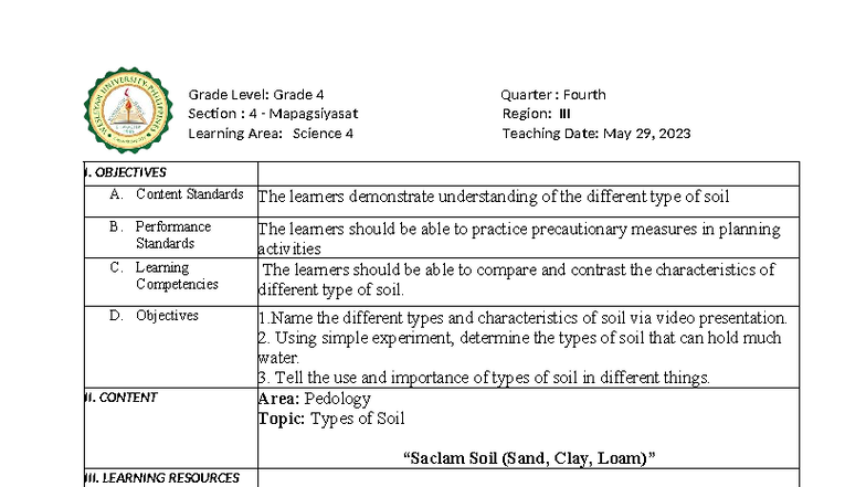 5 E's Semi-Detailed Lesson Plan on Types of Soil for Grade 4 Science ...