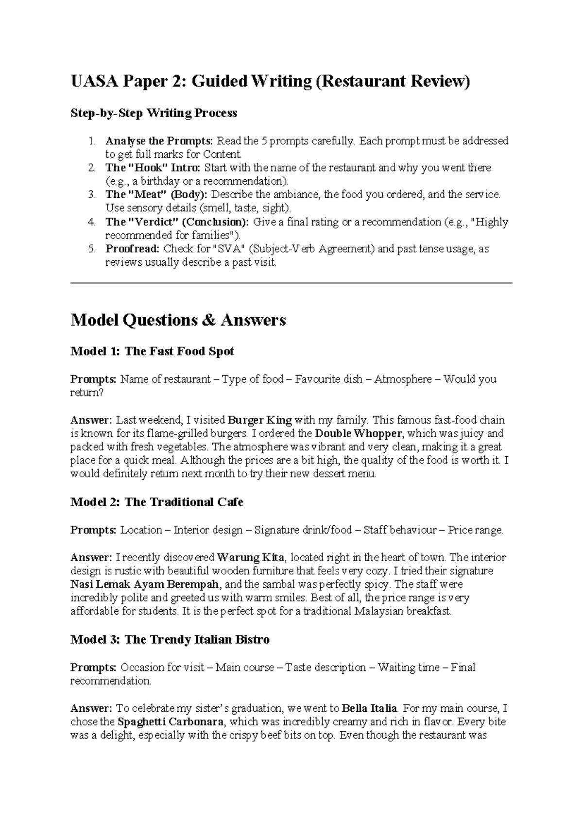 UASA Paper 2: Guided Writing (Restaurant Review) - Form 3 - Studocu