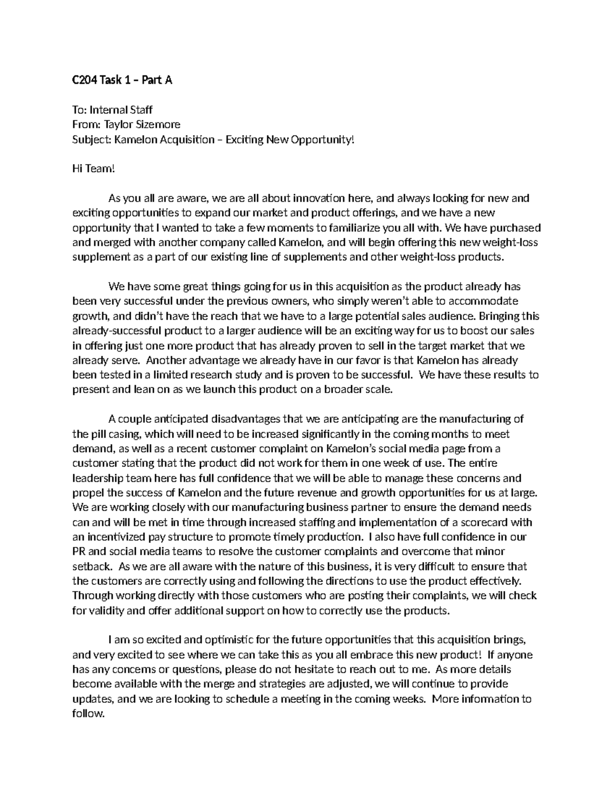 C204 Task 1: Kamelon Acquisition Strategy and Implementation Overview - Studocu