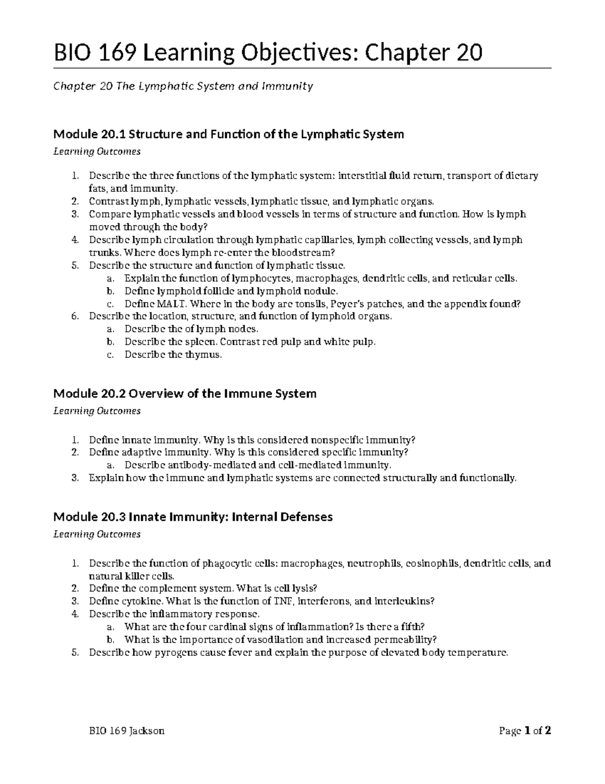 BIO 169 Final Exam Study Guide: Lymphatic System & Immunity - Studocu