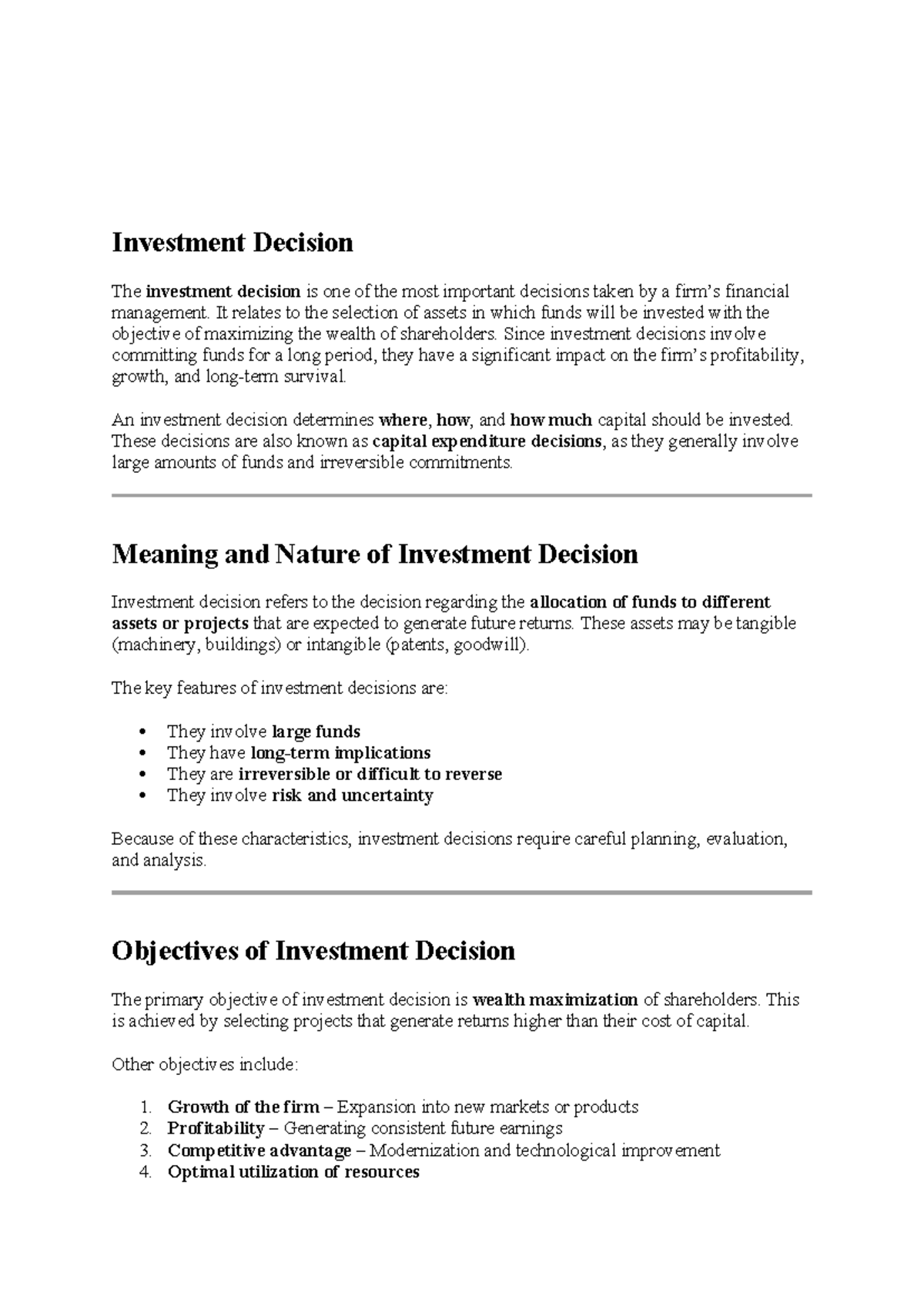 Investment Decision Analysis - FIN 101 - Studocu