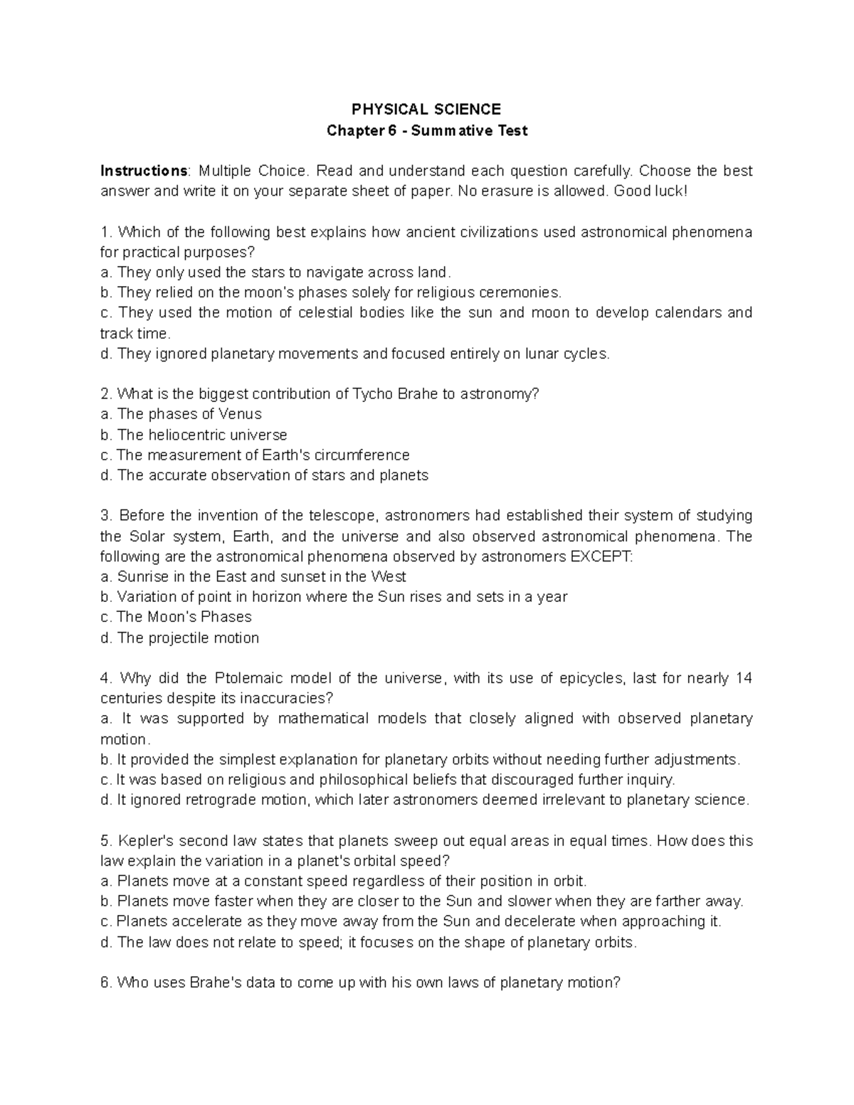 PHYSICAL SCIENCE PS- Chapter 6 Summative Test: Multiple Choice ...