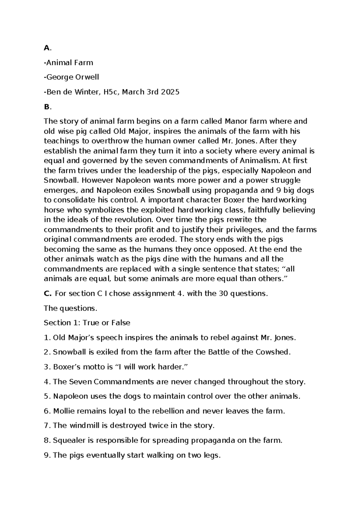 Book Assignment 2: Animal Farm Analysis - English 101 - Studeersnel