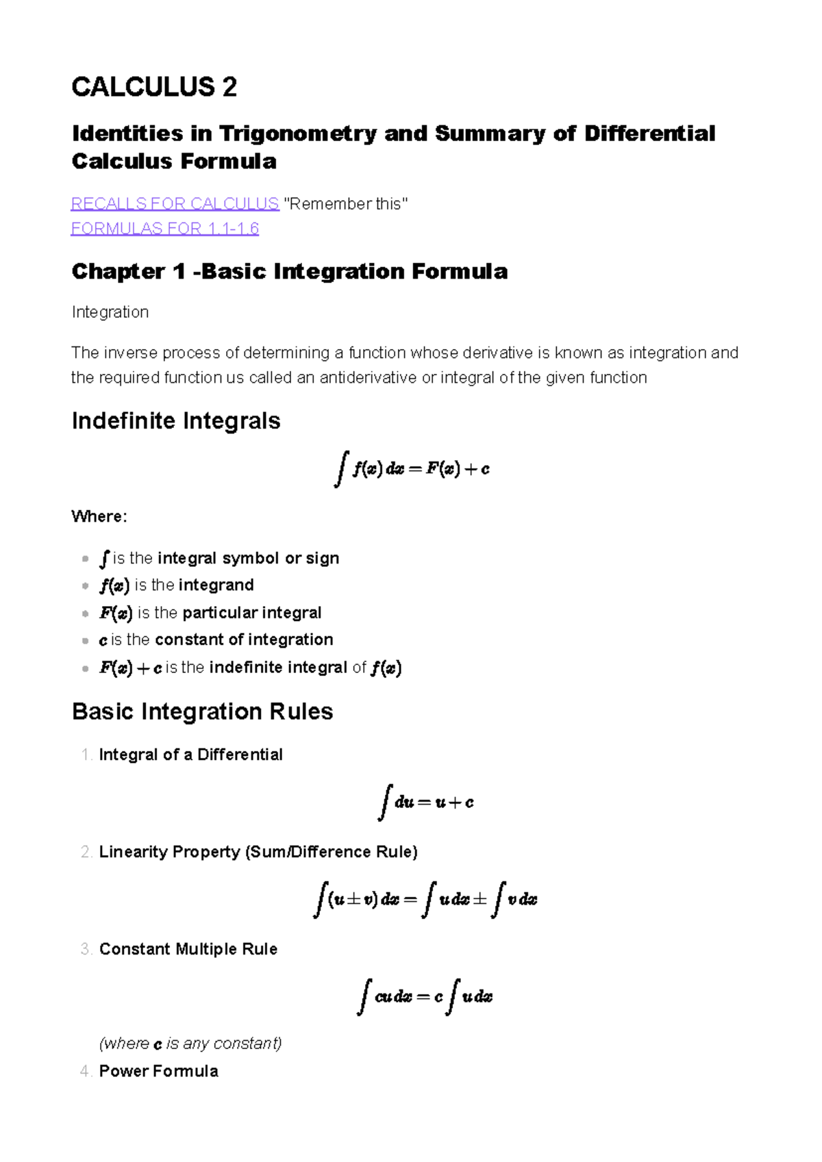 CALCULUS 2 Chapter 1: Trigonometric Identities & Integration Summary ...