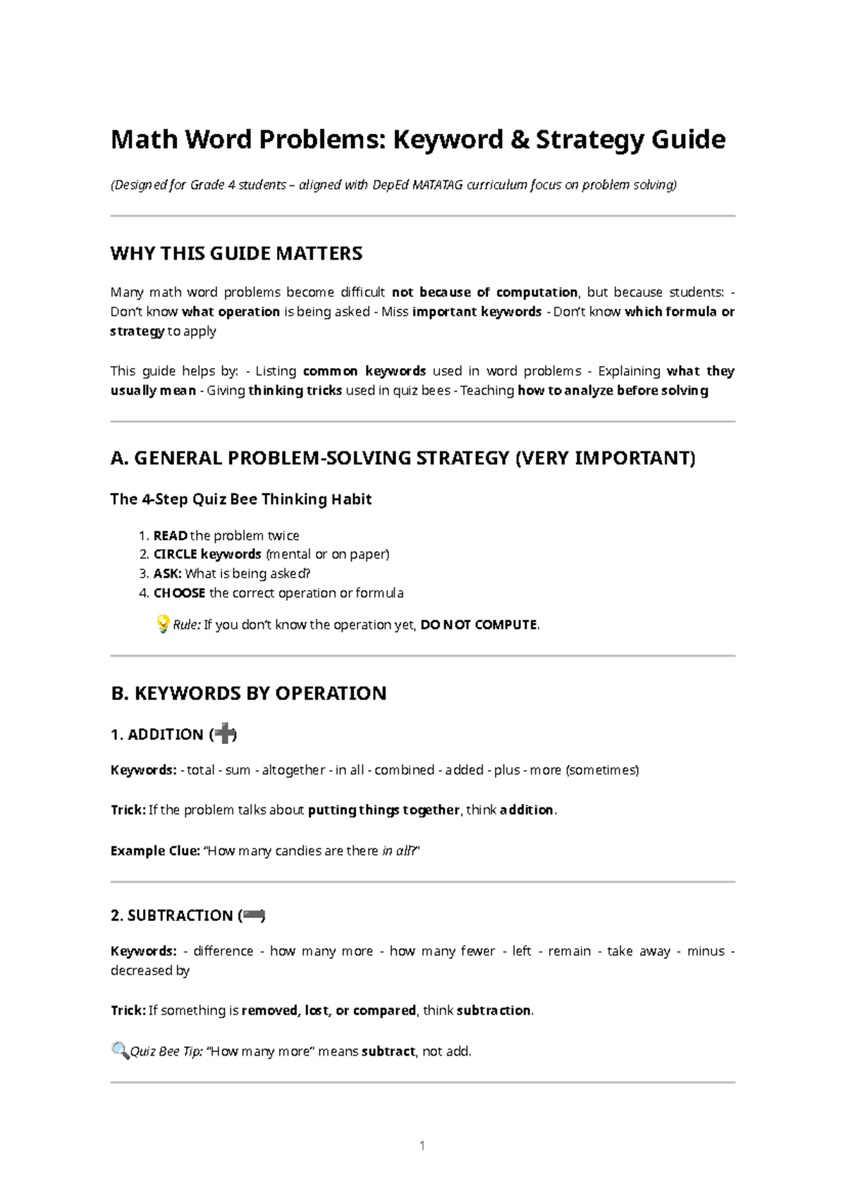 Math Word Problems: Keyword Strategy Guide for Grade 4 (DepEd MATATAG ...