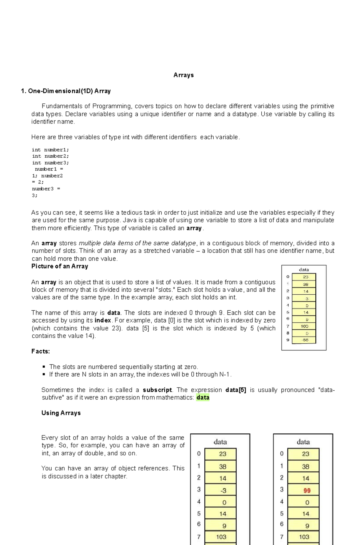 Arrays Arrays 1 One Dimensional1d Array Fundamentals Of
