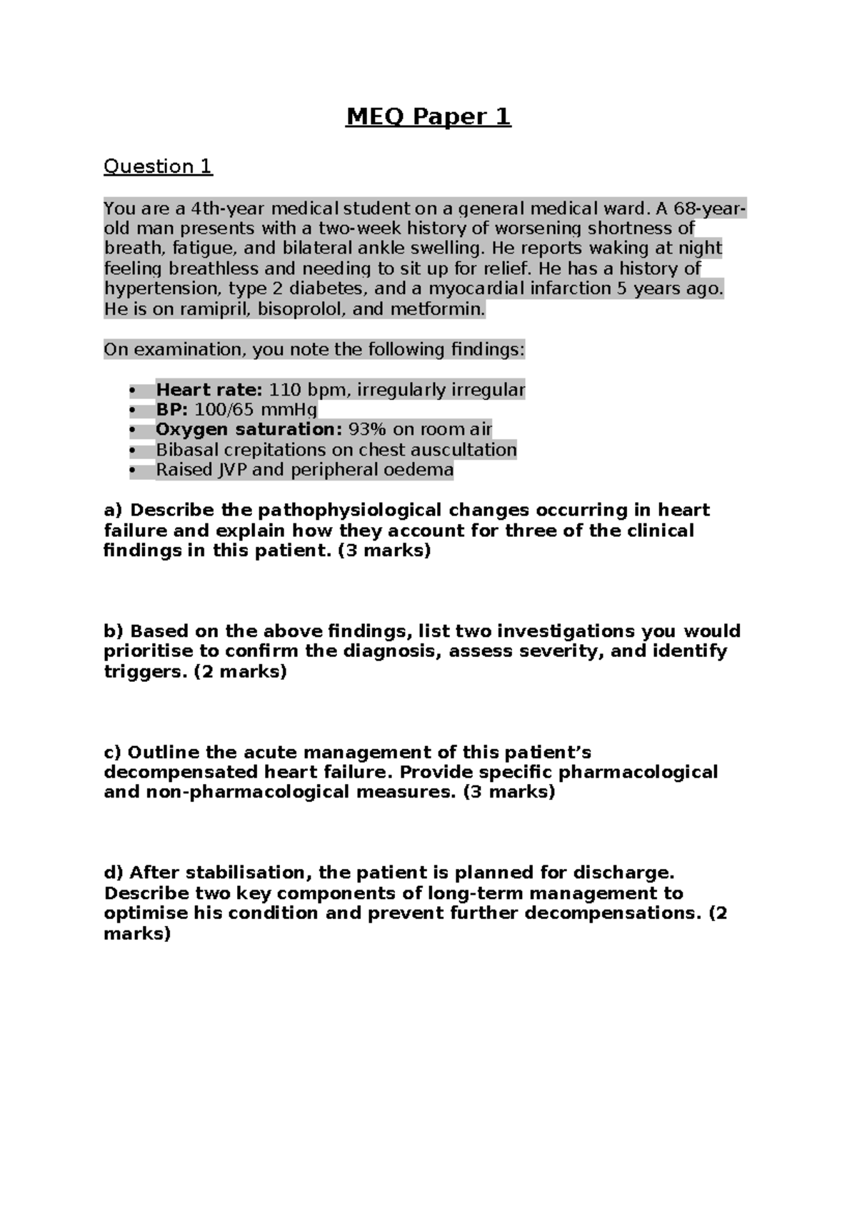 MEQ Paper 1 - Practice Questions on Heart Failure, Melanoma, and More ...