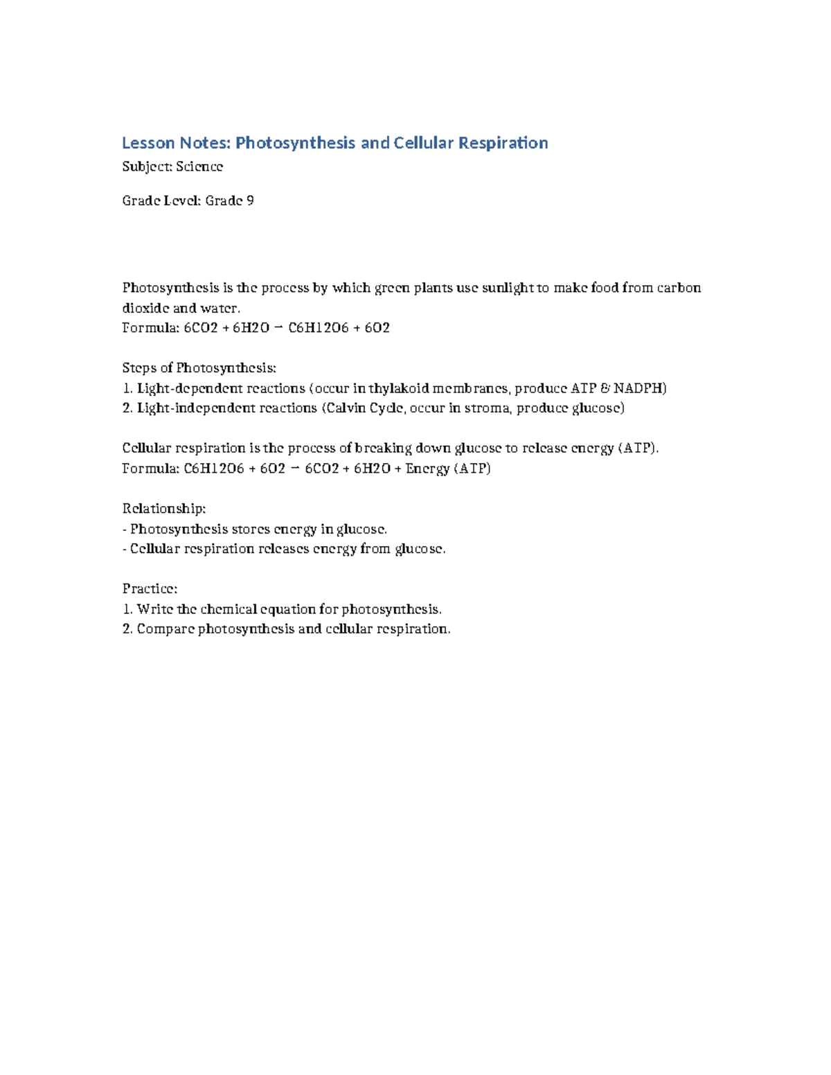 Lesson Notes: Photosynthesis & Cellular Respiration (Grade 9) - Studocu