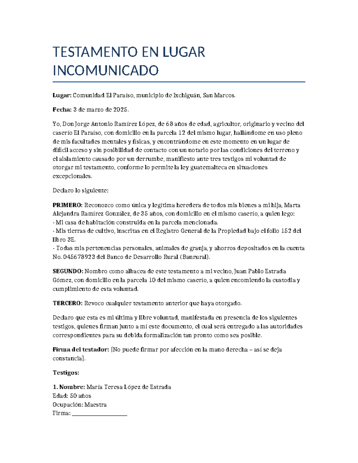 Testamento en Lugar Incomunicado - Comunidad El Paraíso, 2025 - Studocu