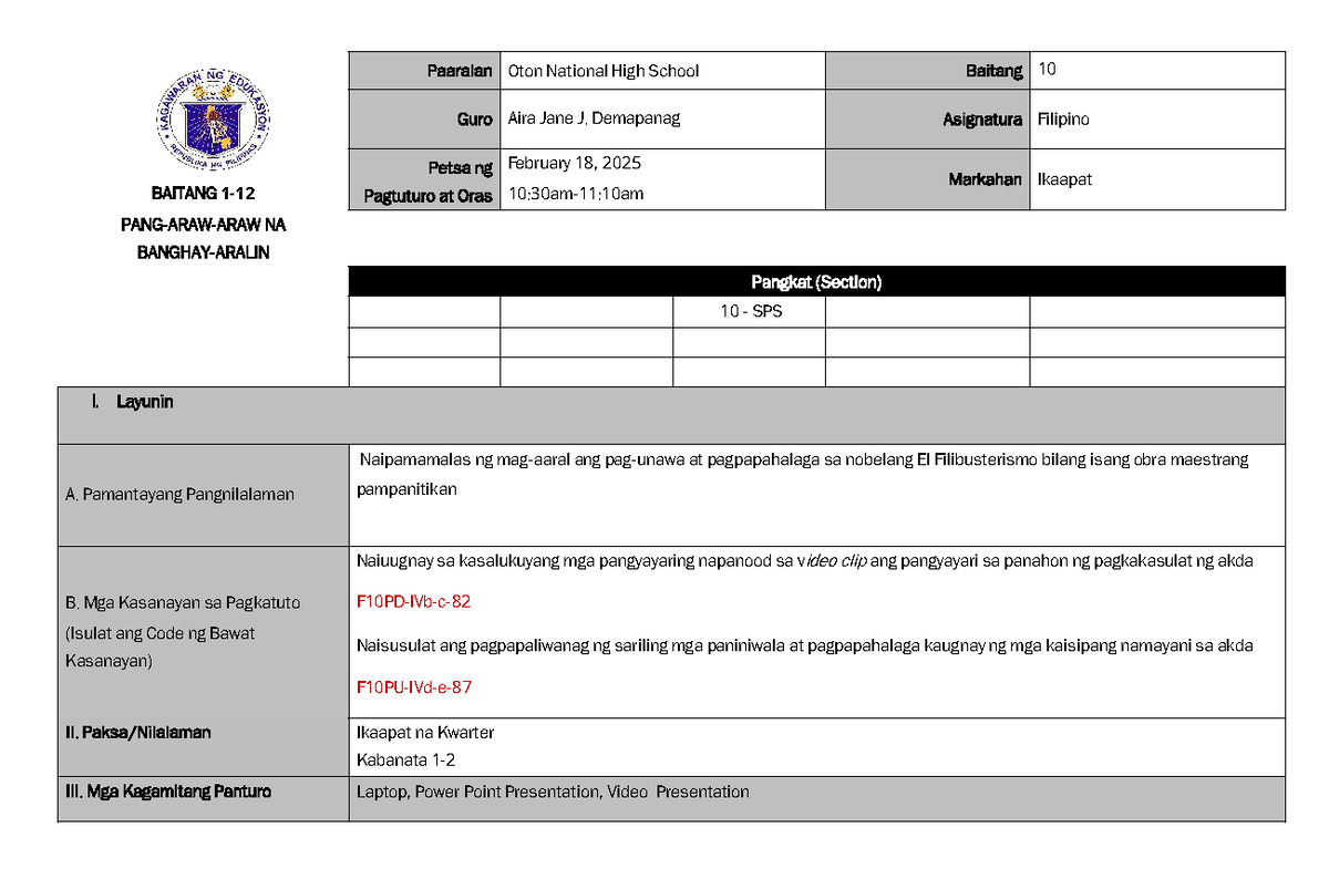LP 2.1 - Lesson Plan on El Filibusterismo for Filipino Class 10 - Studocu