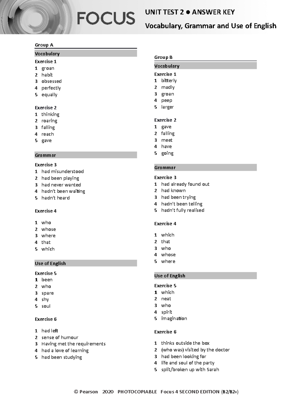 Focus 4 2E Unit Test 2 Answer Key: Vocabulary & Grammar - Studocu