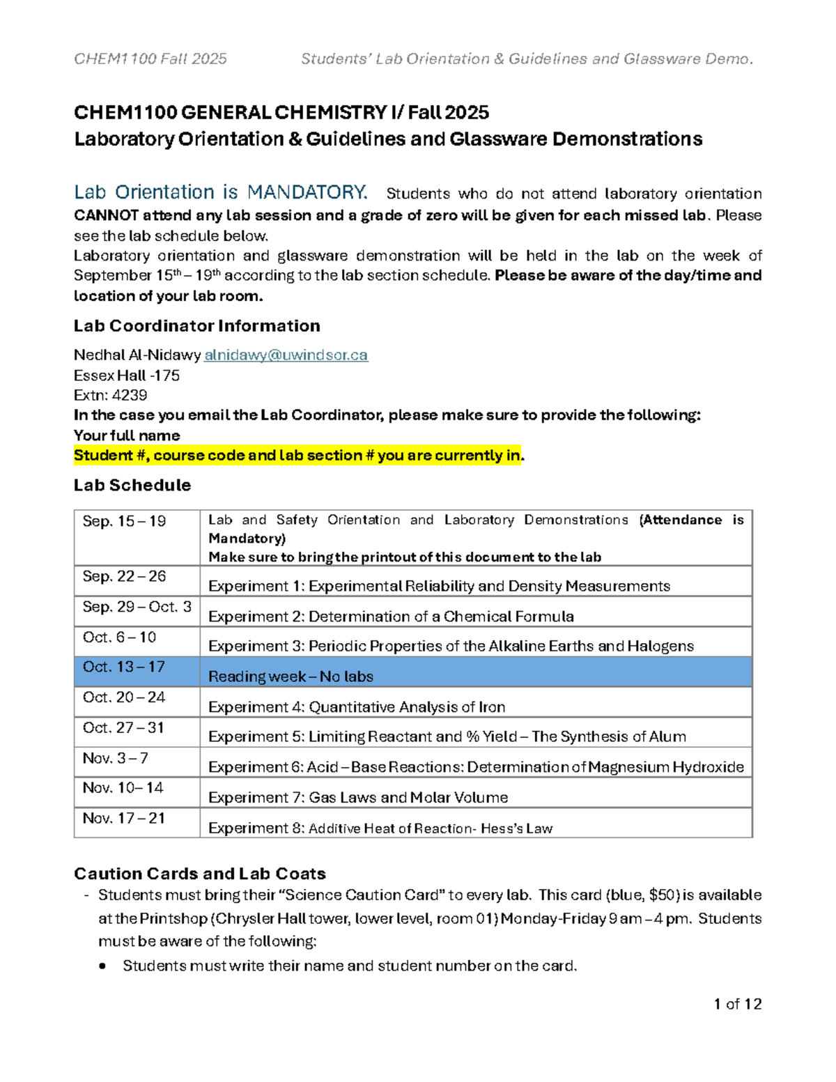 CHEM1100 Fall 2025 Lab Orientation & Glassware Demonstration Guide ...