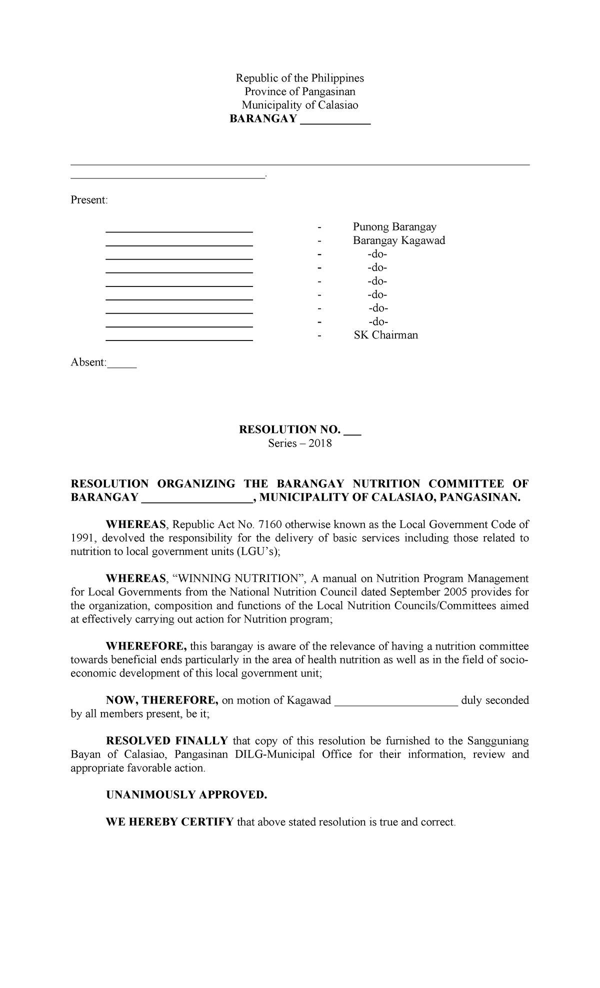 Resolution for Organizing the Barangay Nutrition Committee - Studocu