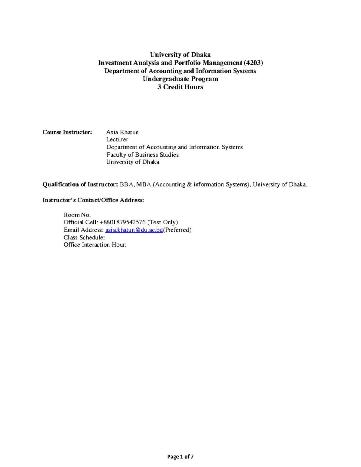 Investment Analysis and Portfolio Management (4203) Course Outline ...