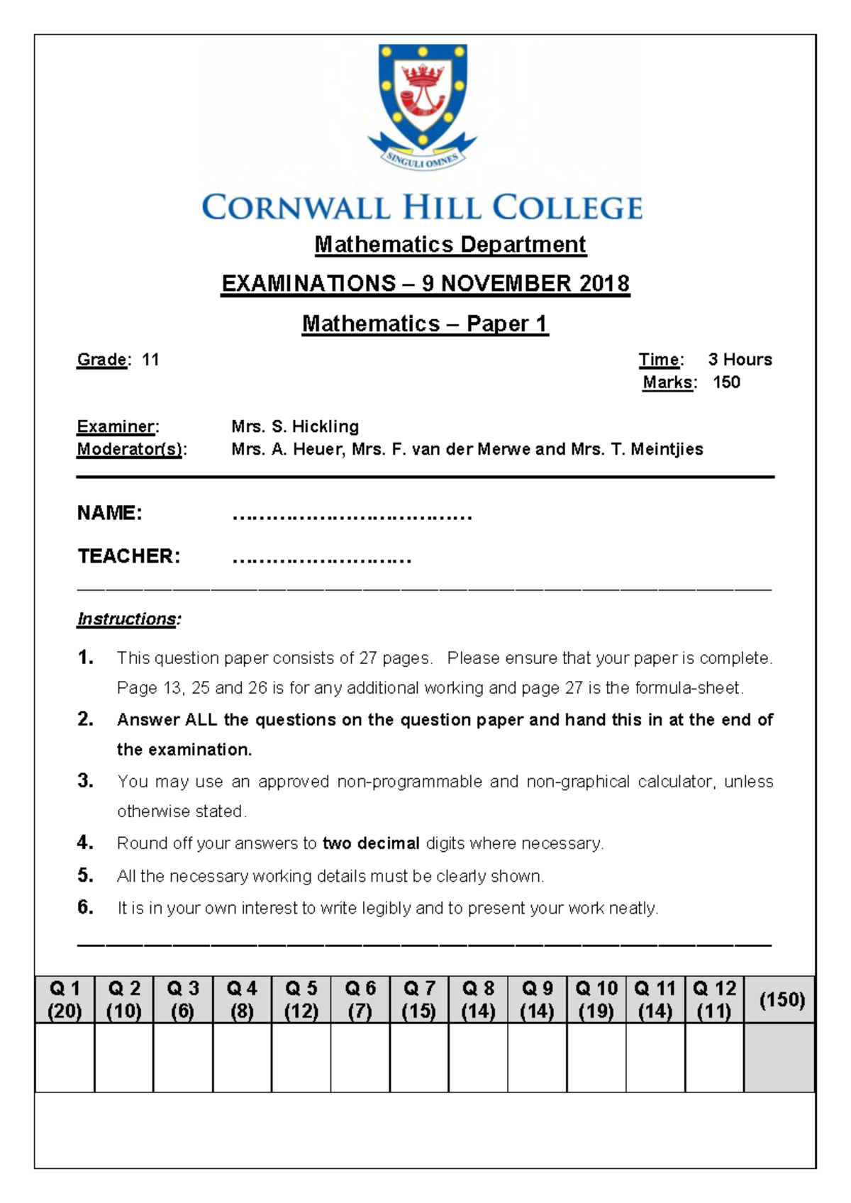 Grade 11 Mathematics Paper 1 Exam - 9 Nov 2018 - Studocu
