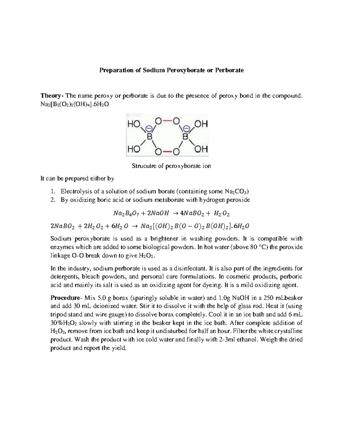 Handout: Preparation of Sodium Peroxyborate (Chem 101) - Studocu