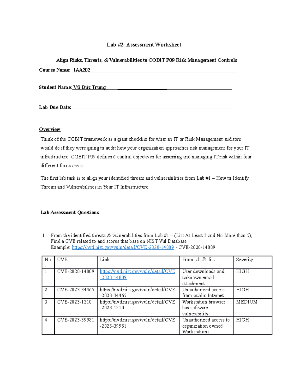 Lab #2: Risk Assessment Alignment with COBIT P09 Control Objectives ...