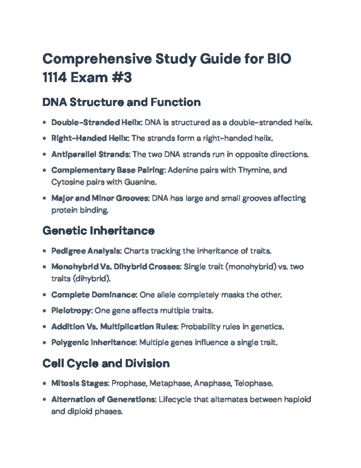 Comprehensive Study Guide for BIO 1114 Exam #3: DNA Structure ...