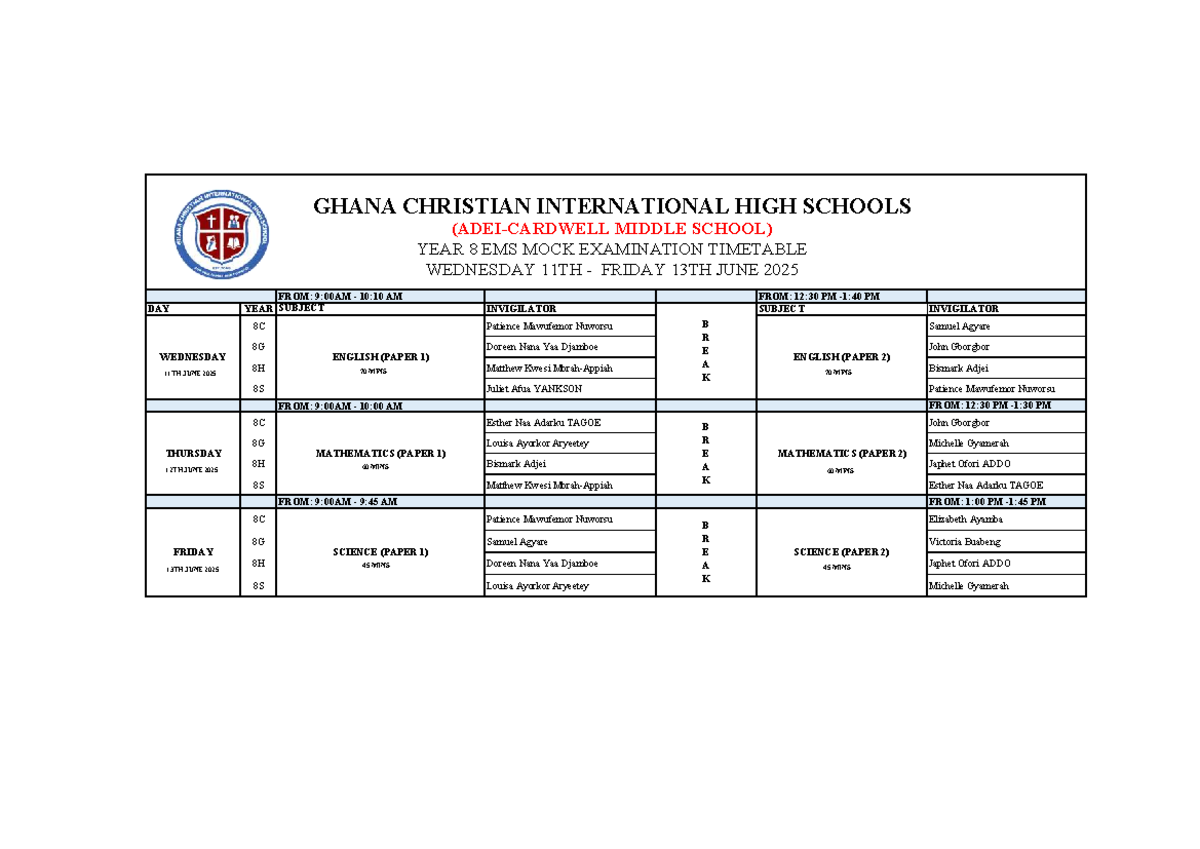 GHANA CIHS Y8 EMS MOCK EXAM TIMETABLE JUNE 11-13, 2025 - Studocu