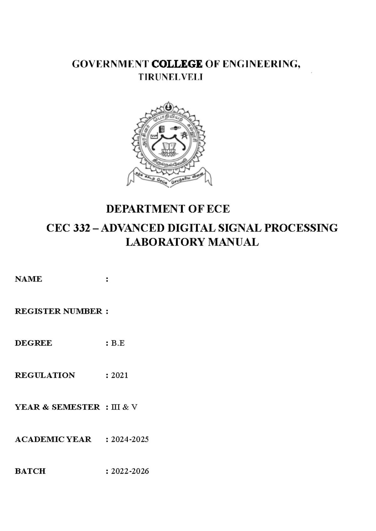 CEC 332 Advanced Digital Signal Processing Lab Manual - Studocu