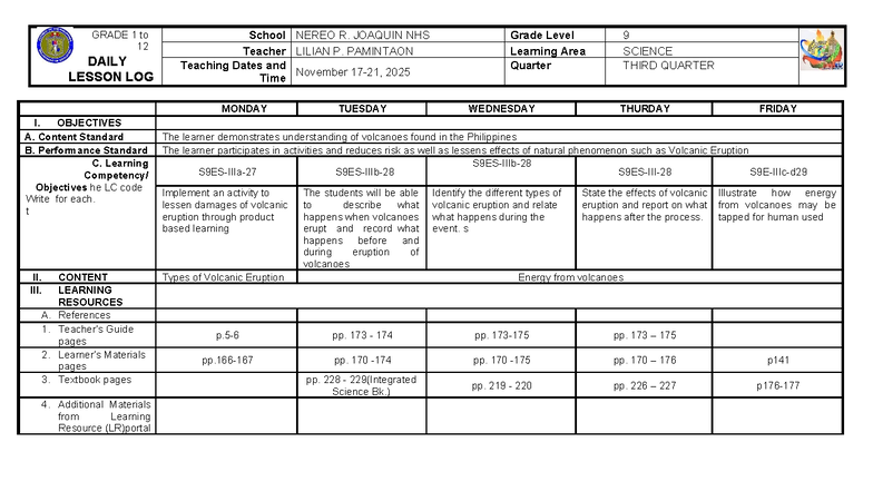 GRADE 9 SCIENCE 3RD QUARTER DAILY LESSON LOG (DLL) - Studocu