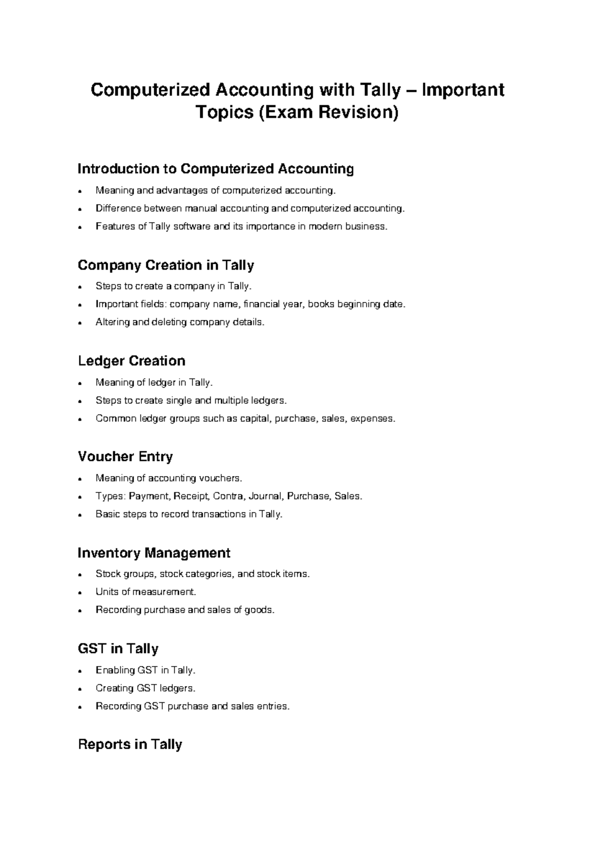 Computerized Accounting with Tally: Key Topics for Exam Revision - Studocu