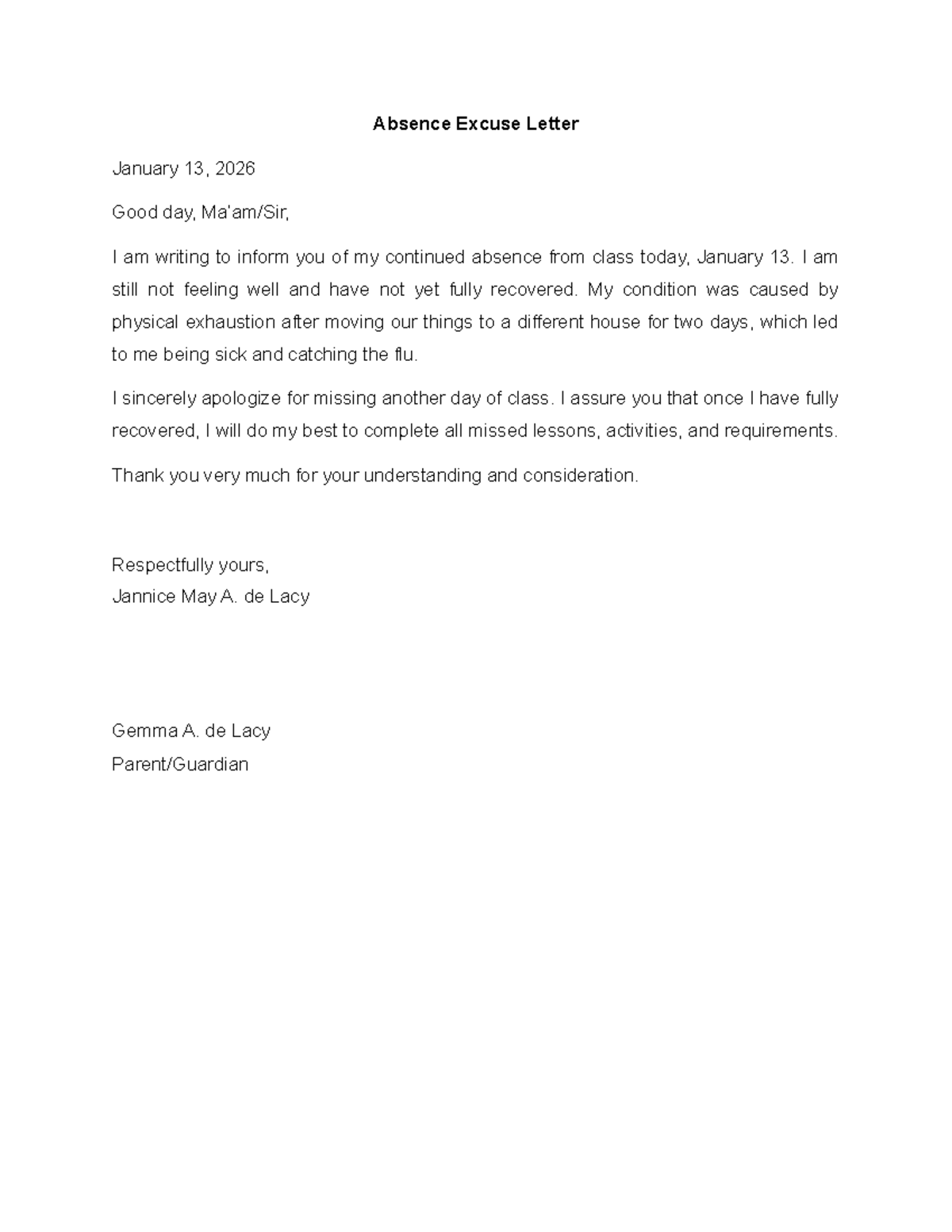 Absence Excuse Letter for Class - January 13, 2026 - Studocu
