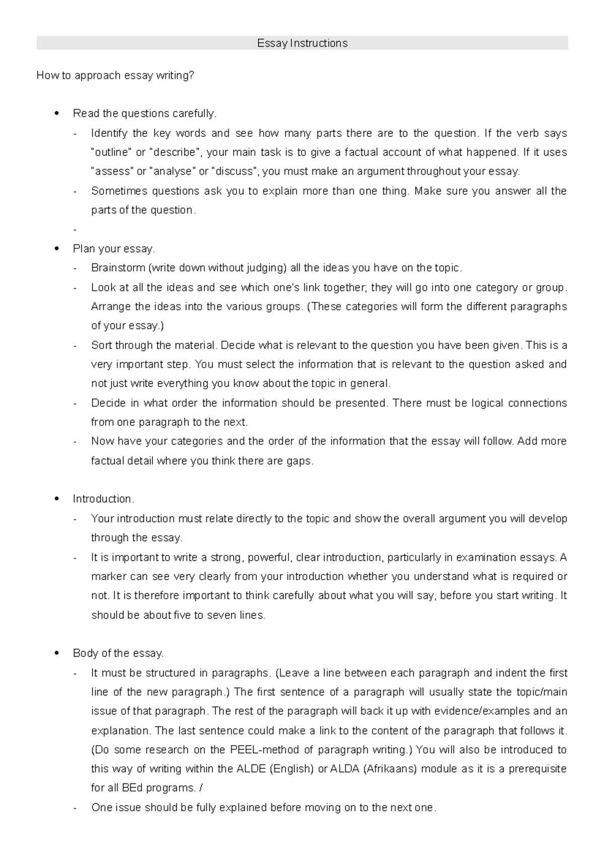Example of a Essay Question - Essay Instructions How to approach essay ...