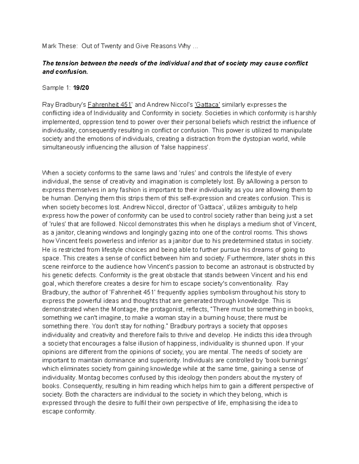 Year 10 Fahrenheit 451 & Gattaca Example Essay Analysis - Studocu