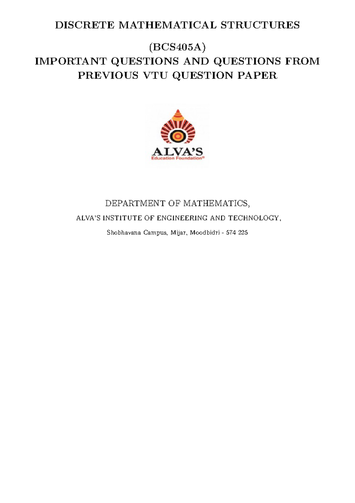 BCS405A (DMS) Important Discrete Math Questions - Question Bank - Studocu