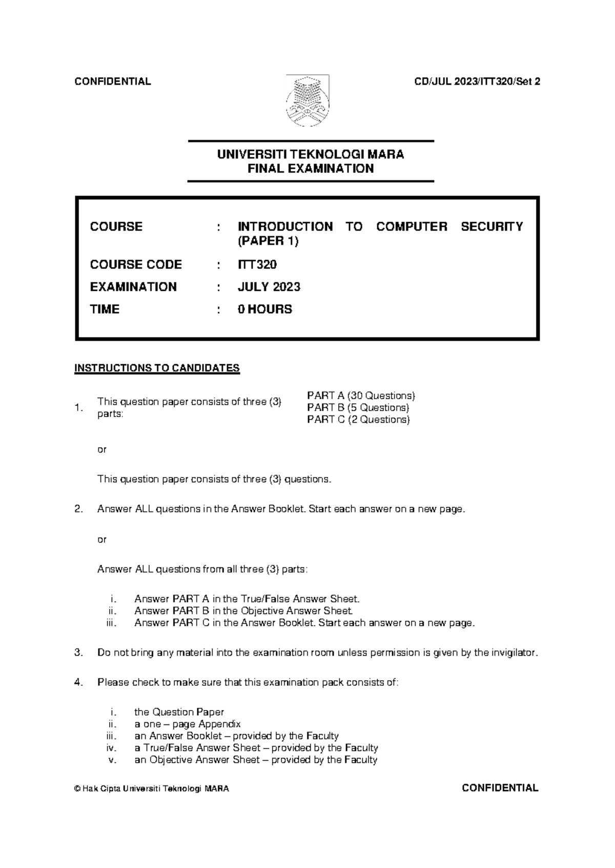 Final Exam Questions and Answers for ITT320 - Introduction to Computer Security (JULY2023) - Studocu