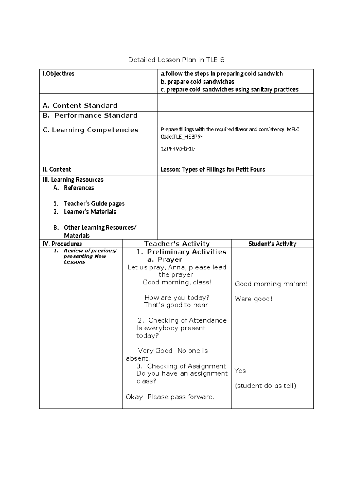 Detailed Lesson Plan: Preparing Cold Sandwiches & Fillings for Petit ...