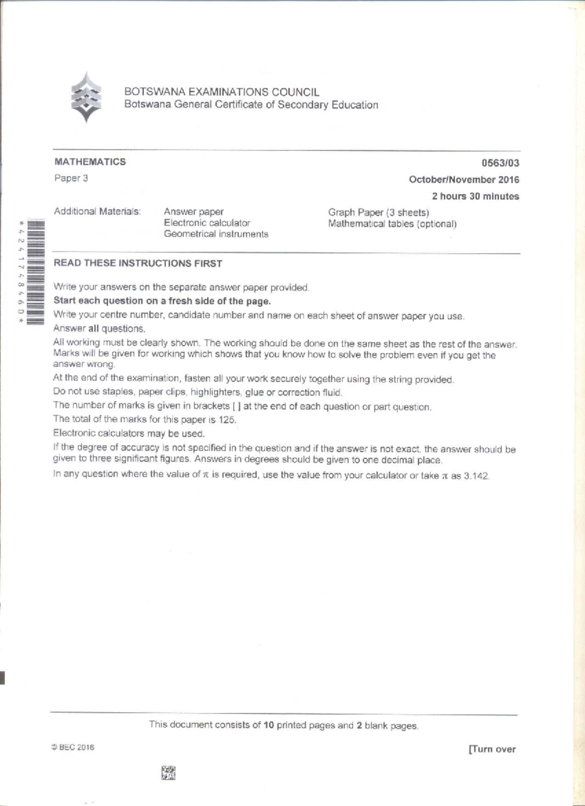Bgcse Mathematics Paper 3 Exam 2016 - Detailed Instructions and Content ...
