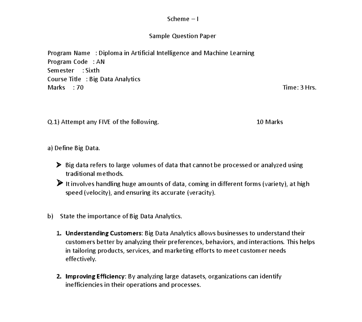 BDA Sample Question Paper for 6th Semester (Diploma, 70 Marks) - Studocu