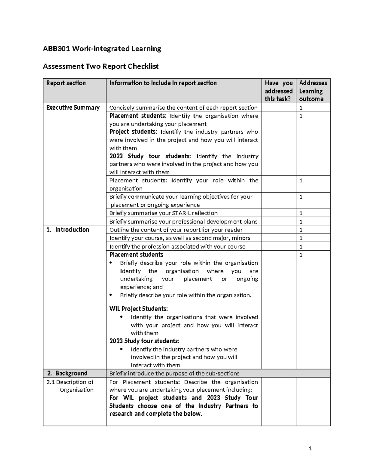 ABB301 Assessment 2 Report Checklist for Work-Integrated Learning - Studocu