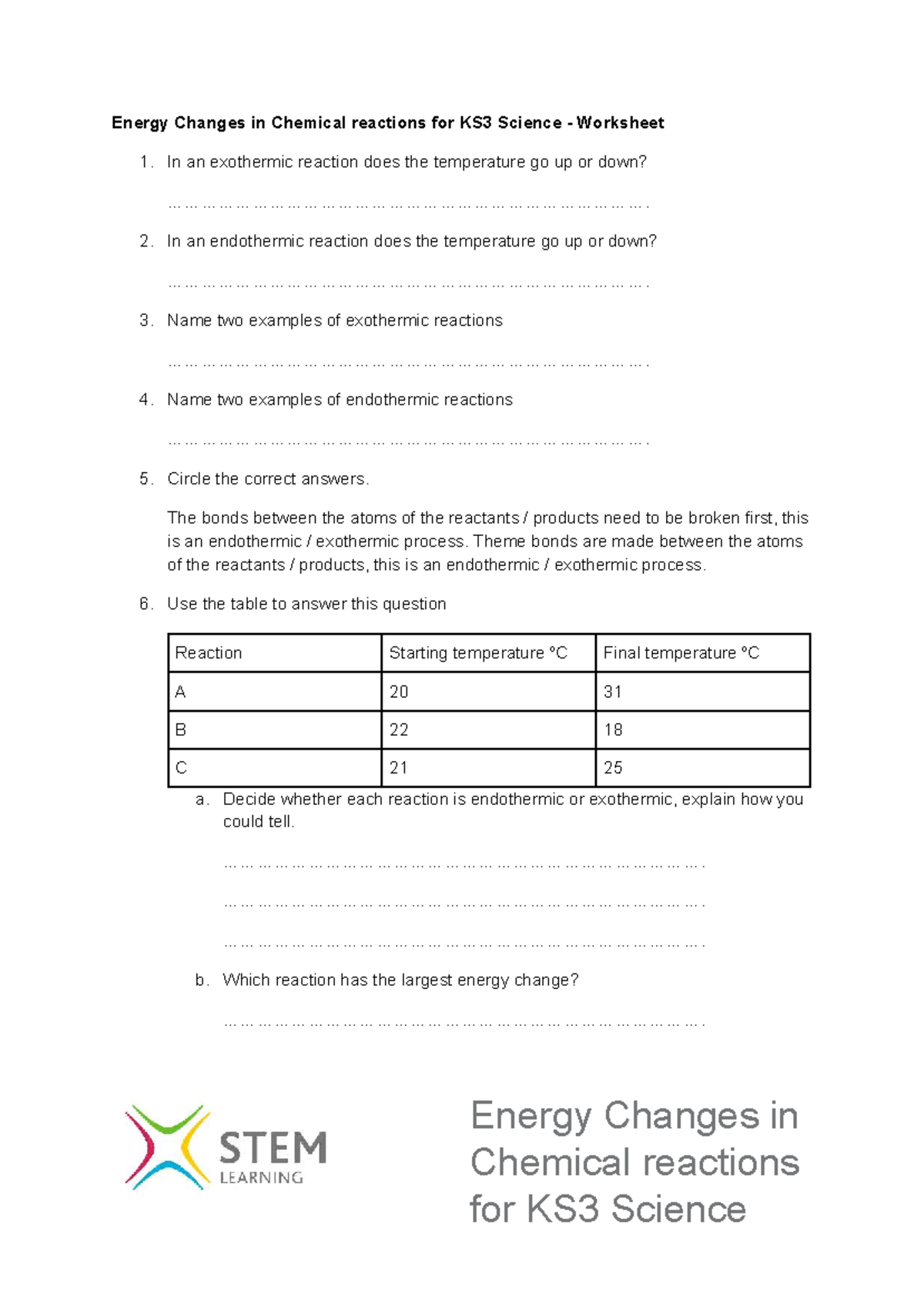 Energy Changes in Chemical Reactions - KS3 Science Worksheet 1 - Studocu