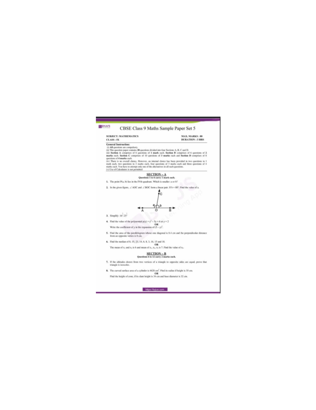B CBSE Class 9 Maths Sample Paper Set 5 - Max Marks 80 - Studocu