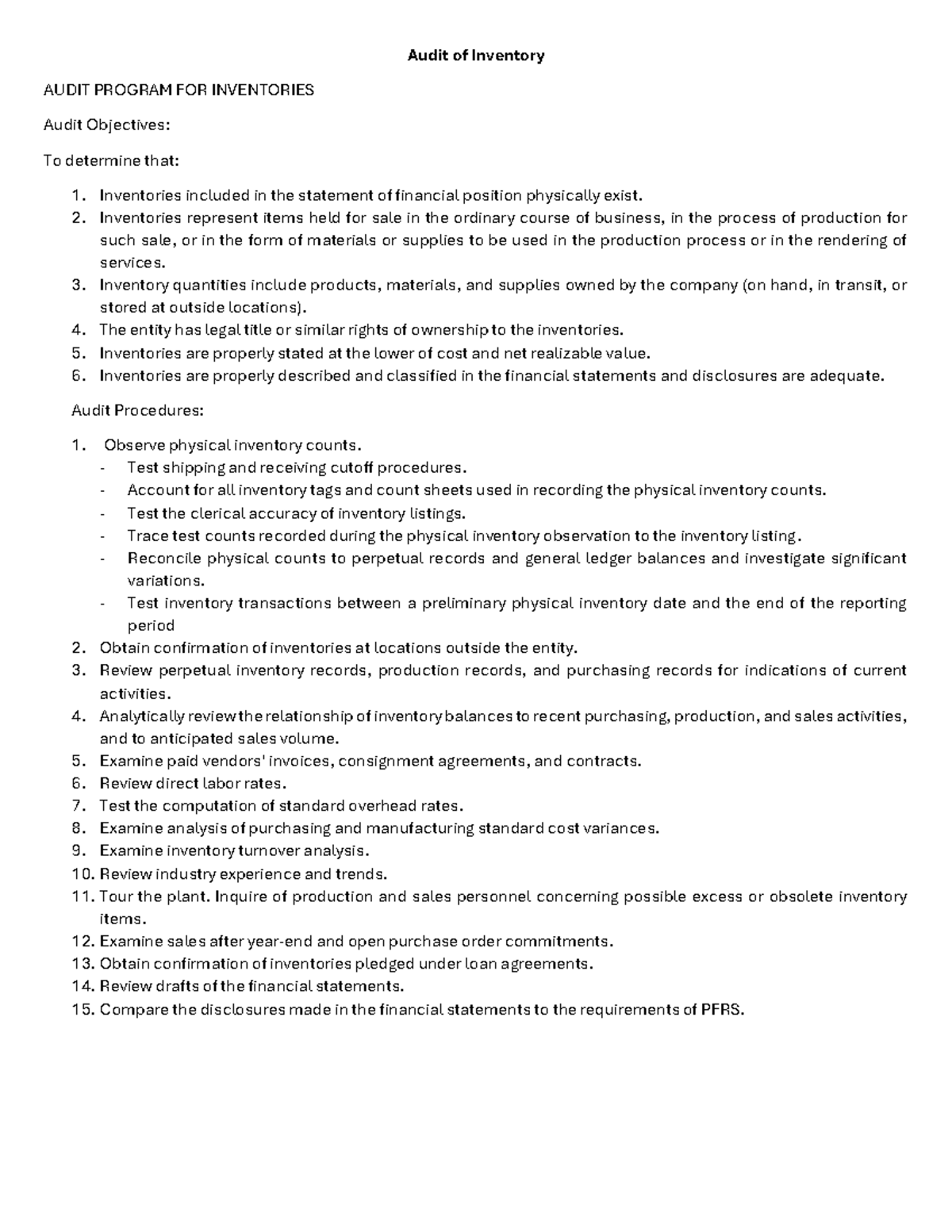 Audit Program for Inventories: BSA Final Exam Guide - Studocu