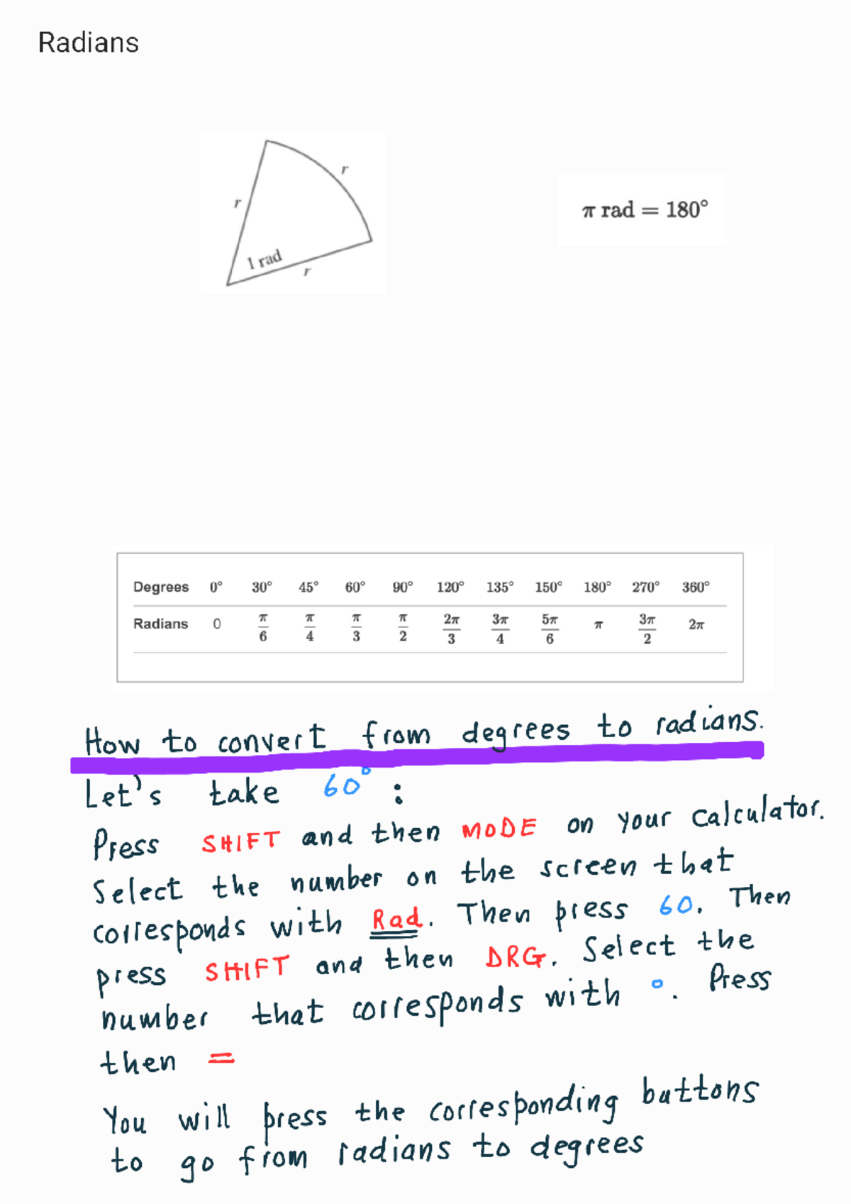 Unit 2 - notes - Radians r r TT rad 1 rad Degrees Radians 0 TT TT TT TT ...