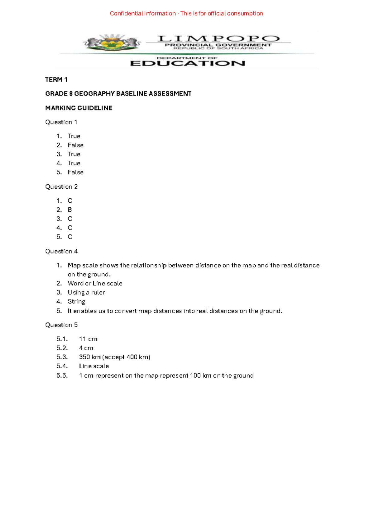 Grade 8 Geography Term 1 Baseline Assessment Marking Guideline - Studocu