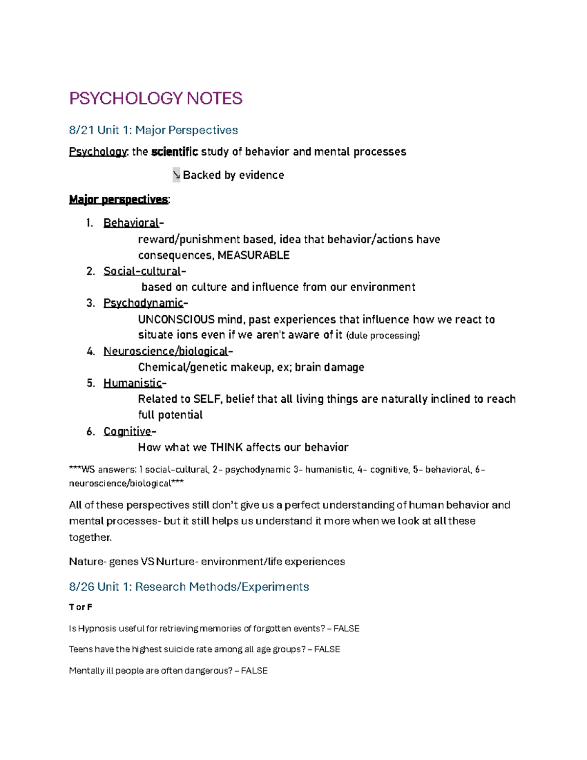 Psychology Notes: Unit 1 Overview & Research Methods (PSY-110) - Studocu