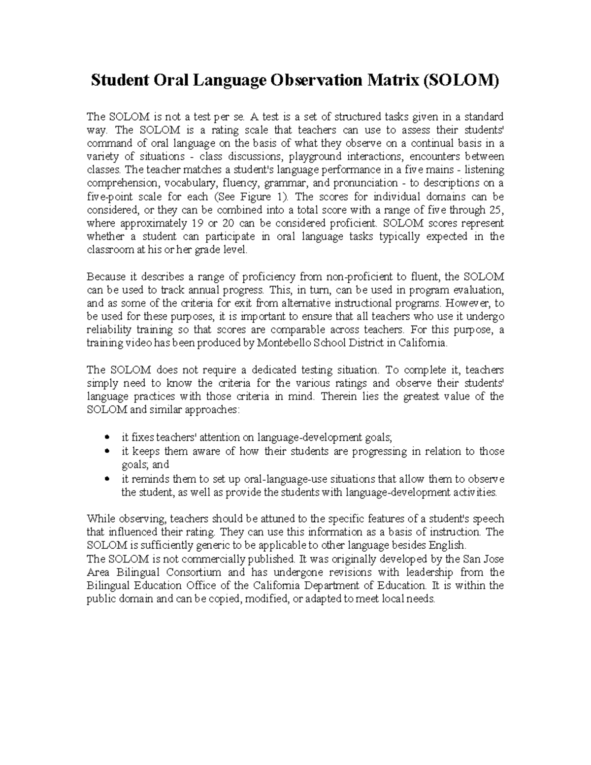 SOLOM - Student Oral Language Observation Matrix Overview - Studocu