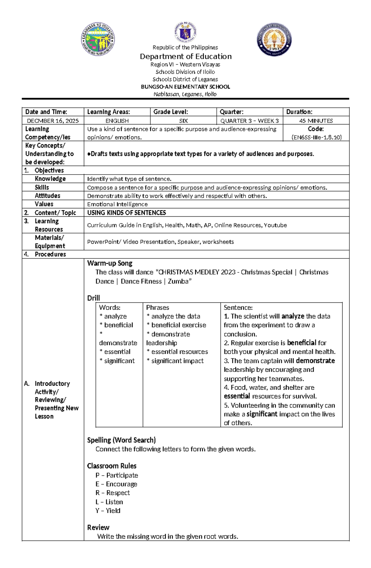 Types of Sentences Lesson Plan for English 6 - Quarter 3 Week 3 - Studocu