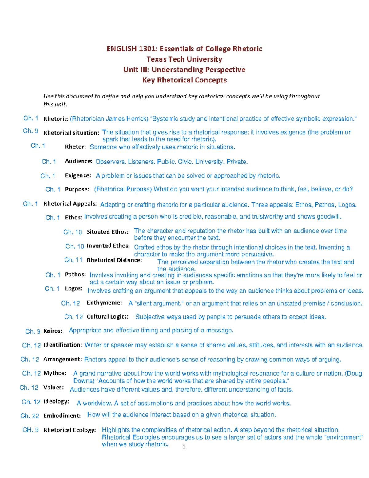 Key Rhetorical Concepts - 1 ENGLISH 1301: Essentials of College ...