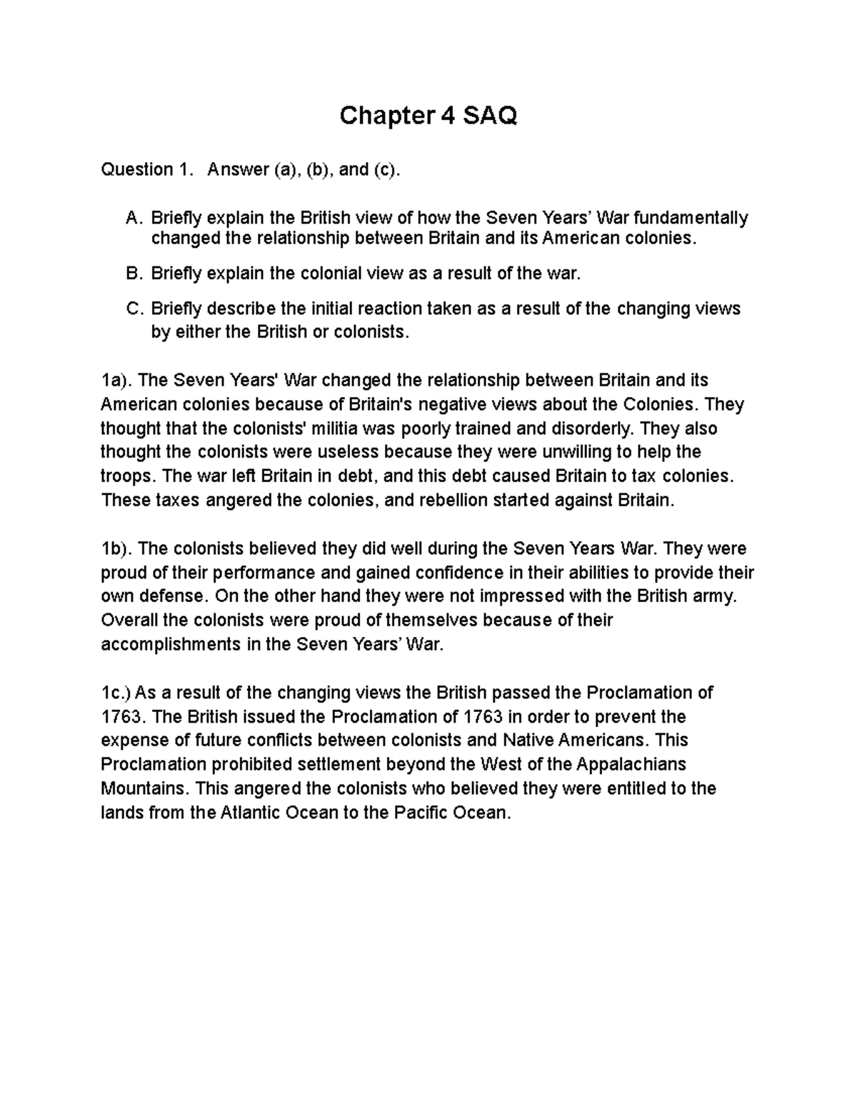 APUSH - Chapter 4 SAQ: Effects of the Seven Years' War on Colonies ...